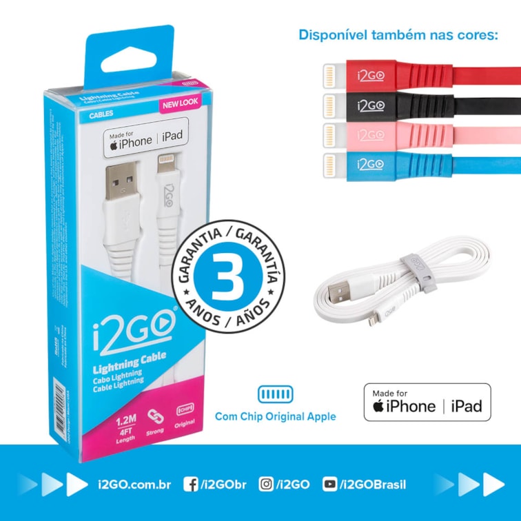 Cabo Iphone/Cabo Lightning i2GO Certificado MFi 1,2m 2,4A PVC Flexível ...