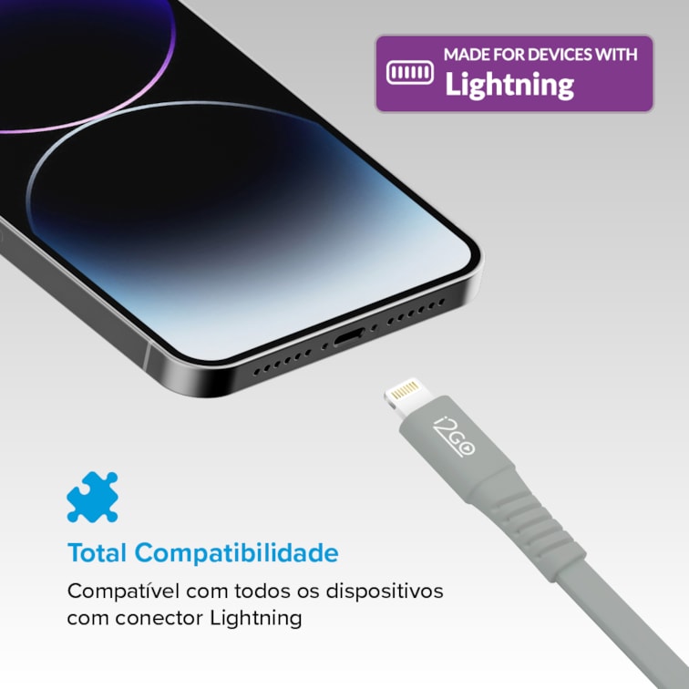 Cabo Lightning + USB-C 1,2M 3A Cinza - i2GO - I2GO